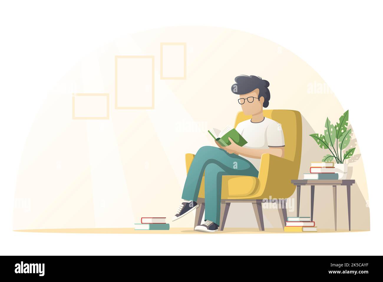 Man reading in a comfortable armchair. Modern flat concept for ...