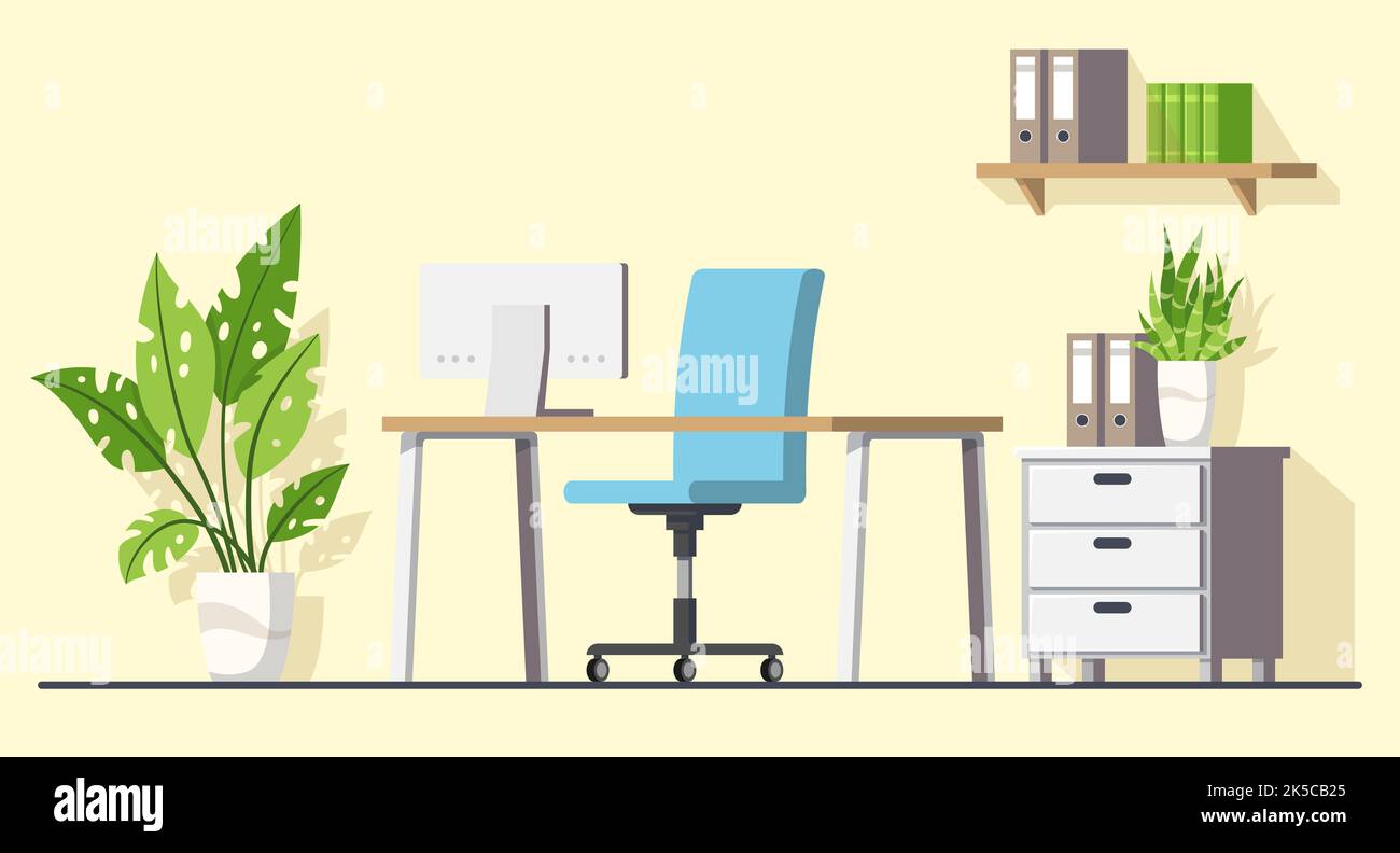 Modern office, interior design. Desk with Computer. Modern flat concept ...