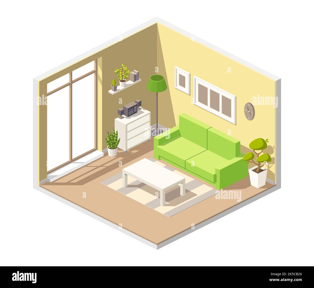 Isometric living room with sofa, table cupboard and other funiture ...