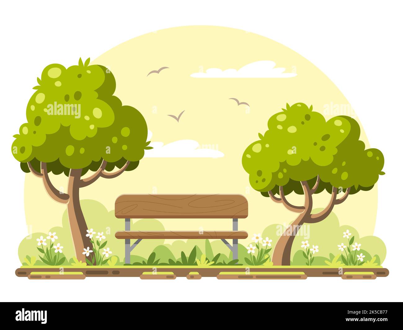 Bench with trees in the garden, summer landscape. illustration in ...
