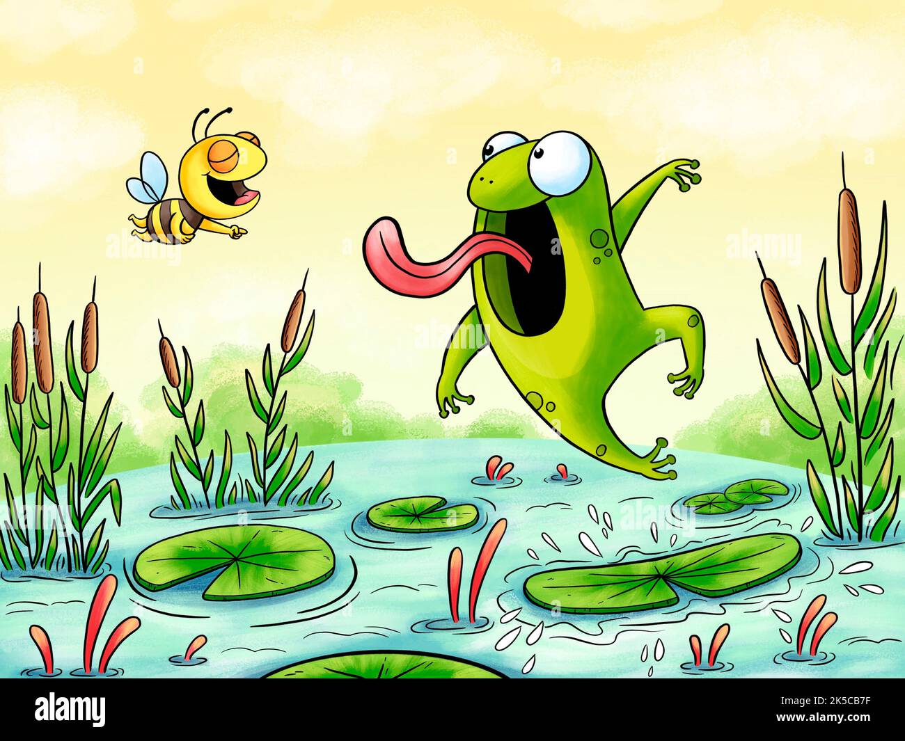 A frog tries to catch a bee. Hand drawn illustration Stock Photo - Alamy