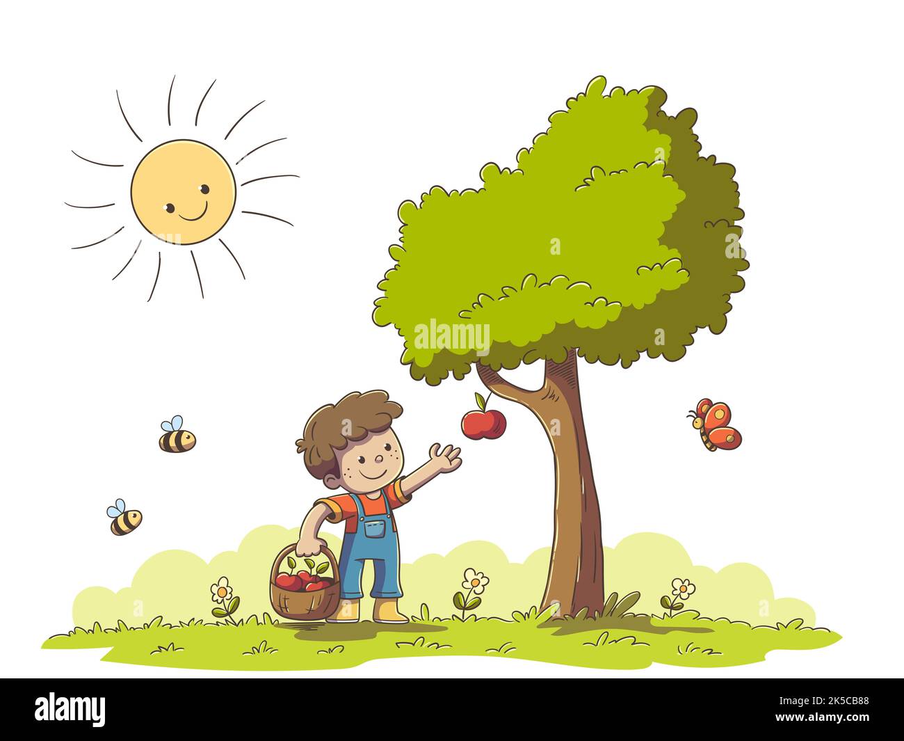 Boy picking apples. illustration in modern cartoon style Stock Photo ...