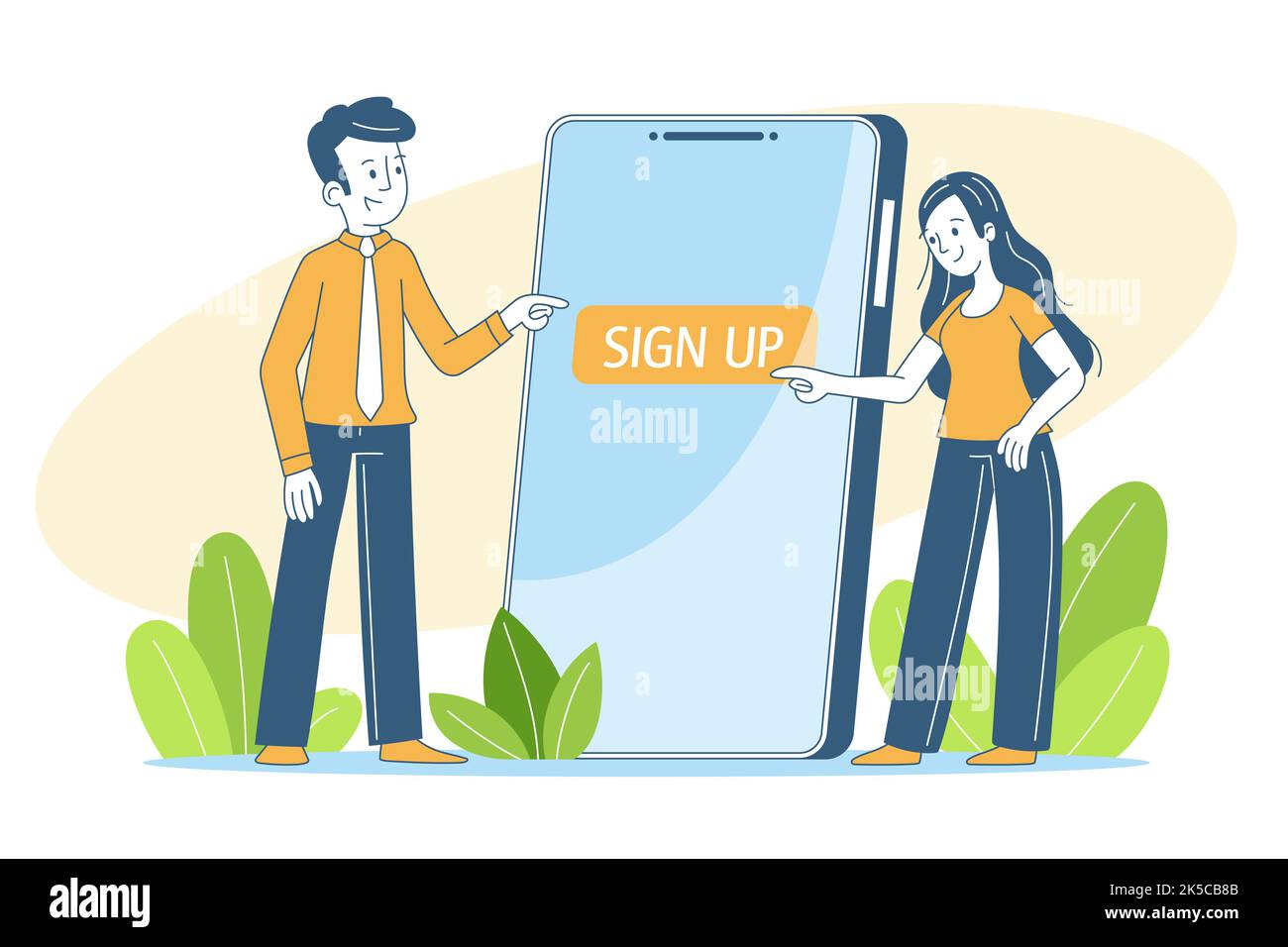 Social media template. Two character signs up on huge smartphone Stock ...
