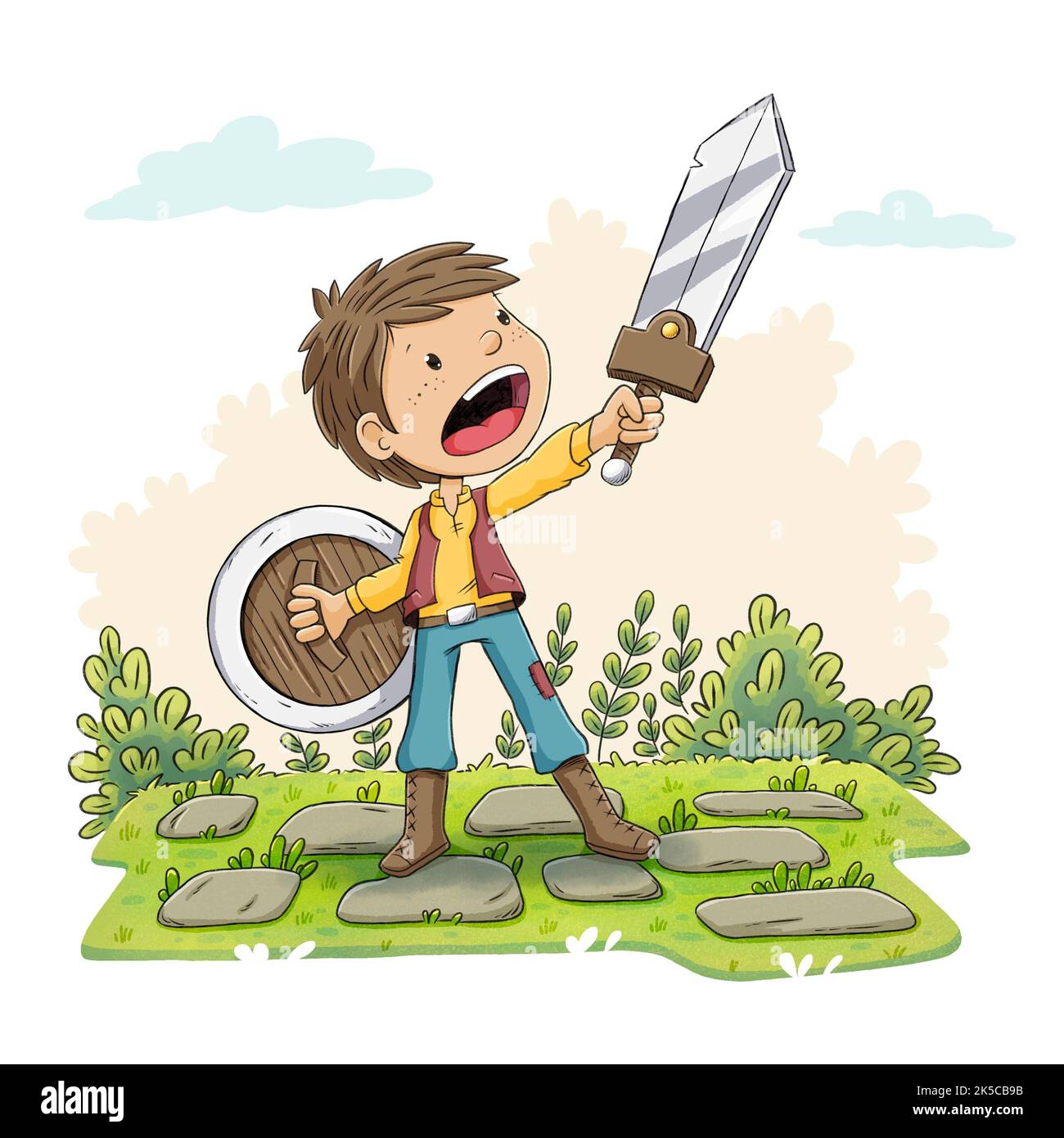 Young man with sword and shield. Hand drawn illustration Stock Photo ...