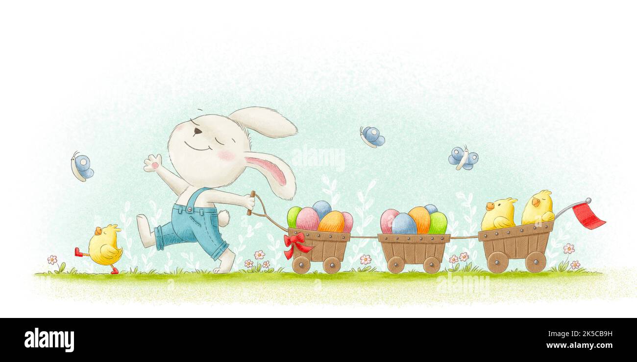 A Rabbit pulls cart with Easter eggs. Hand drawn illustration Stock ...