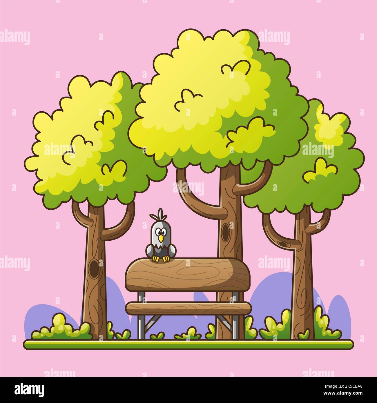 Bench in a park. With trees and bird. Illustration in modern comic ...