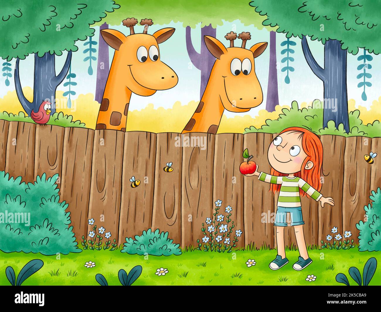 Girl visits giraffes in zoo. Hand drawn illustration Stock Photo - Alamy