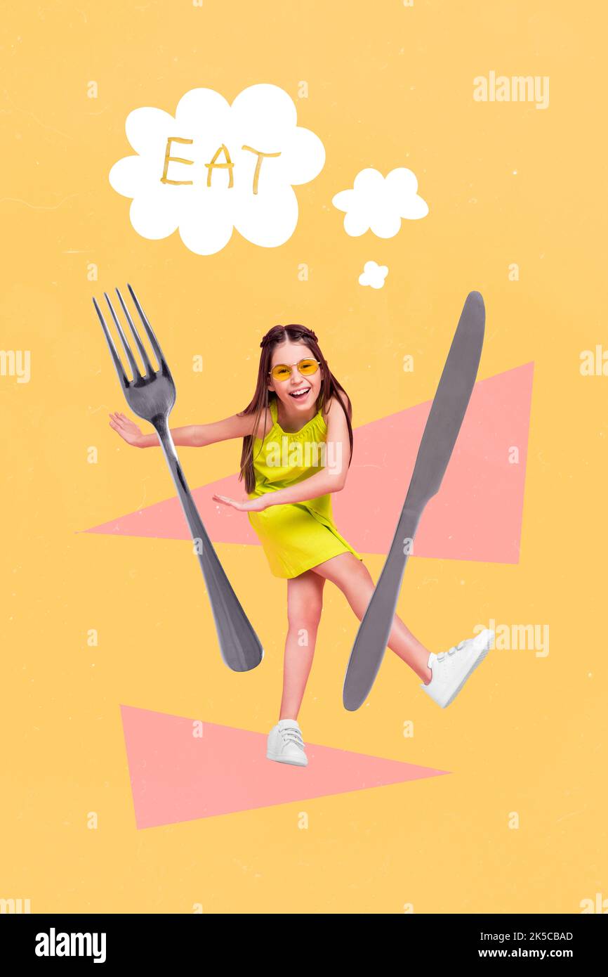 Vertical collage of overjoyed positive little girl dancing have fun big ...