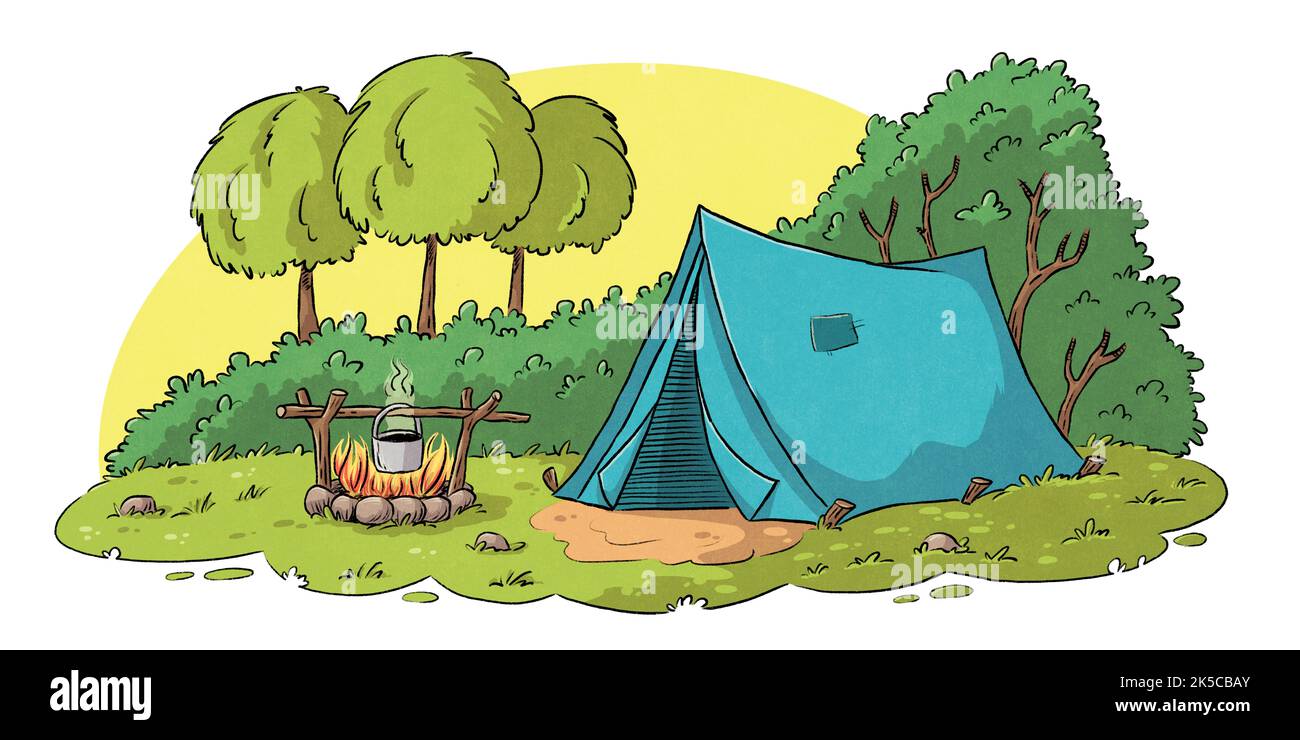 Tent with campfire. Hand drawn illustration Stock Photo - Alamy