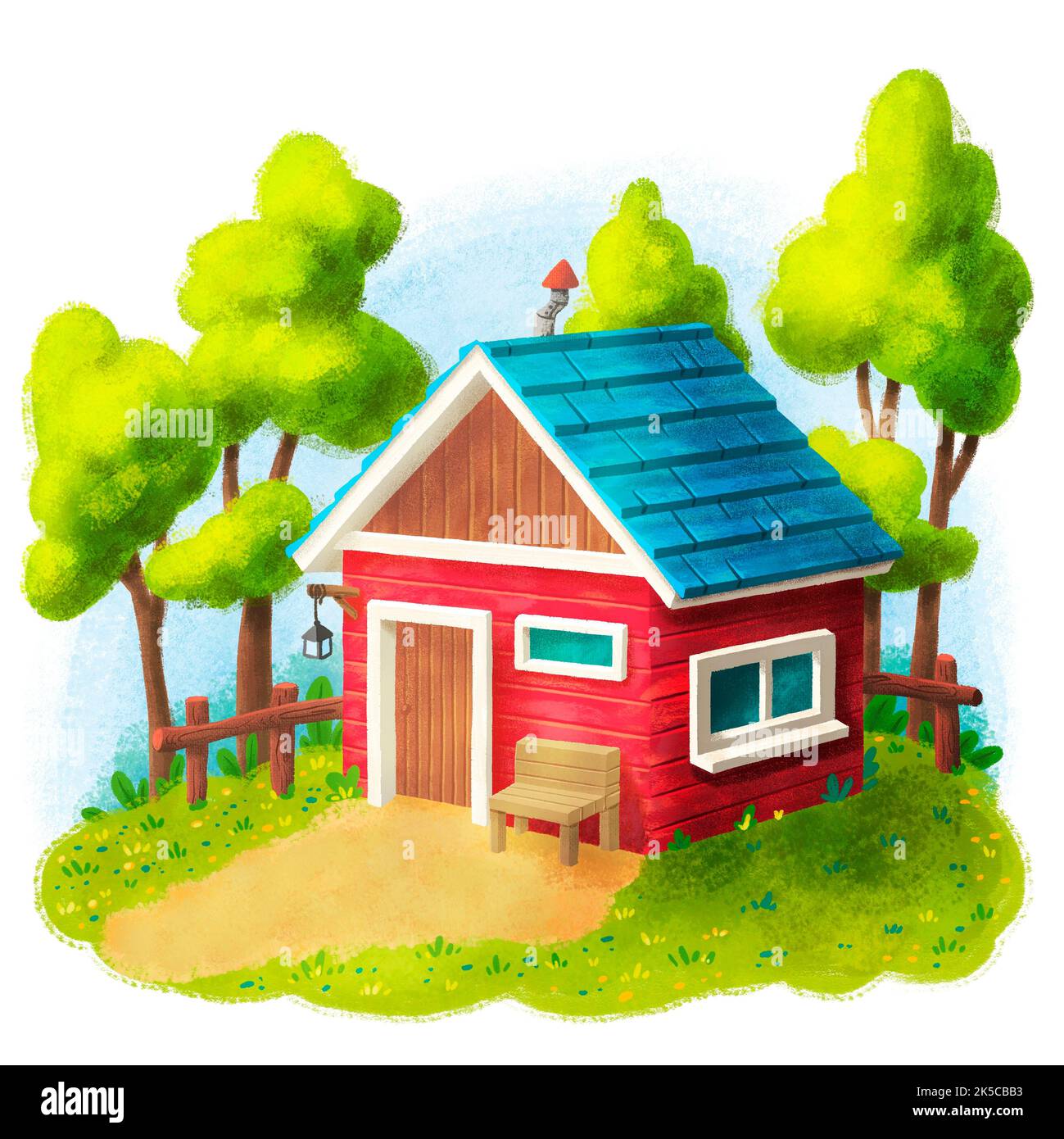 Red house with garden. Hand drawn illustration Stock Photo - Alamy