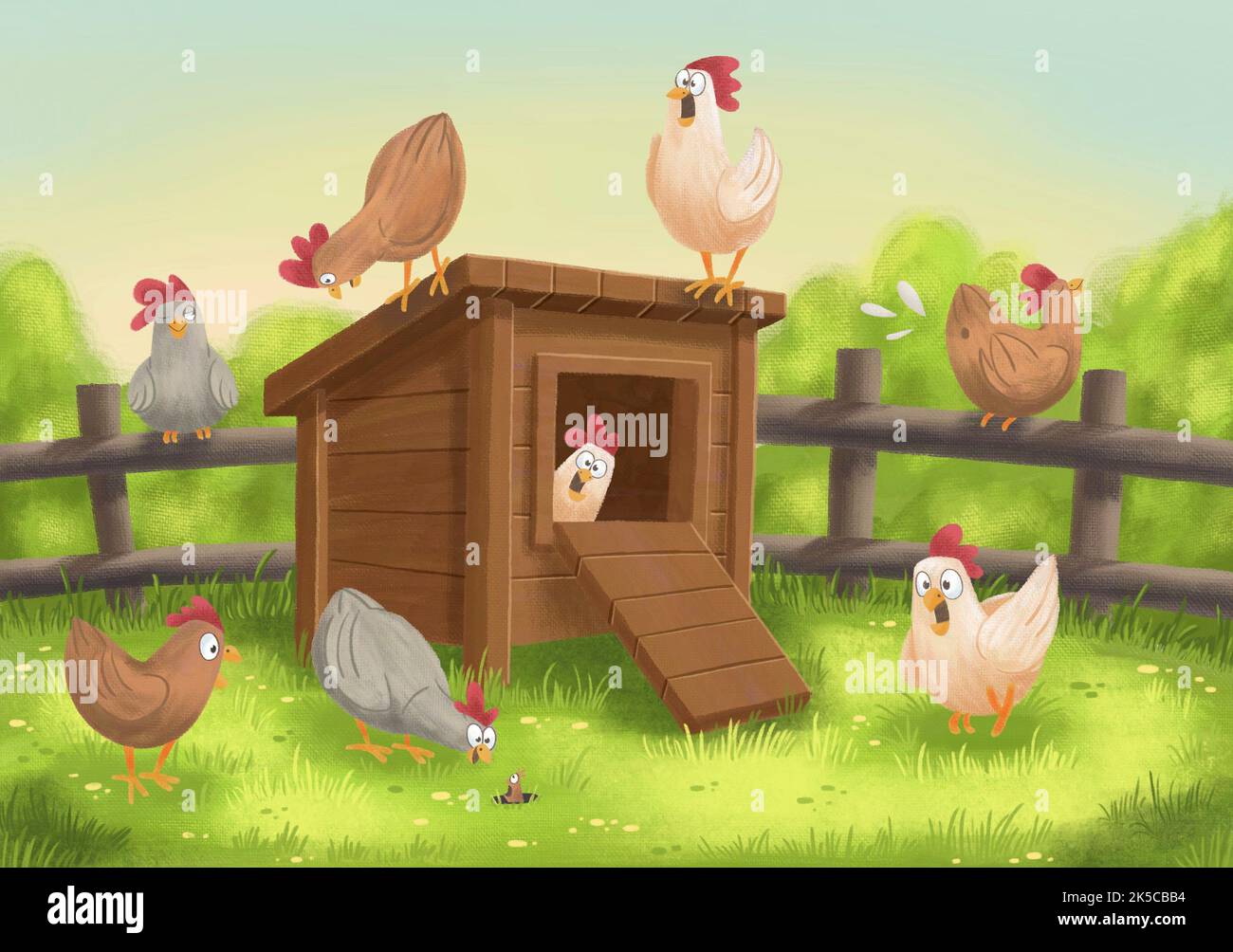 Funny Chickens with chicken coop. Hand drawn illustration Stock Photo ...