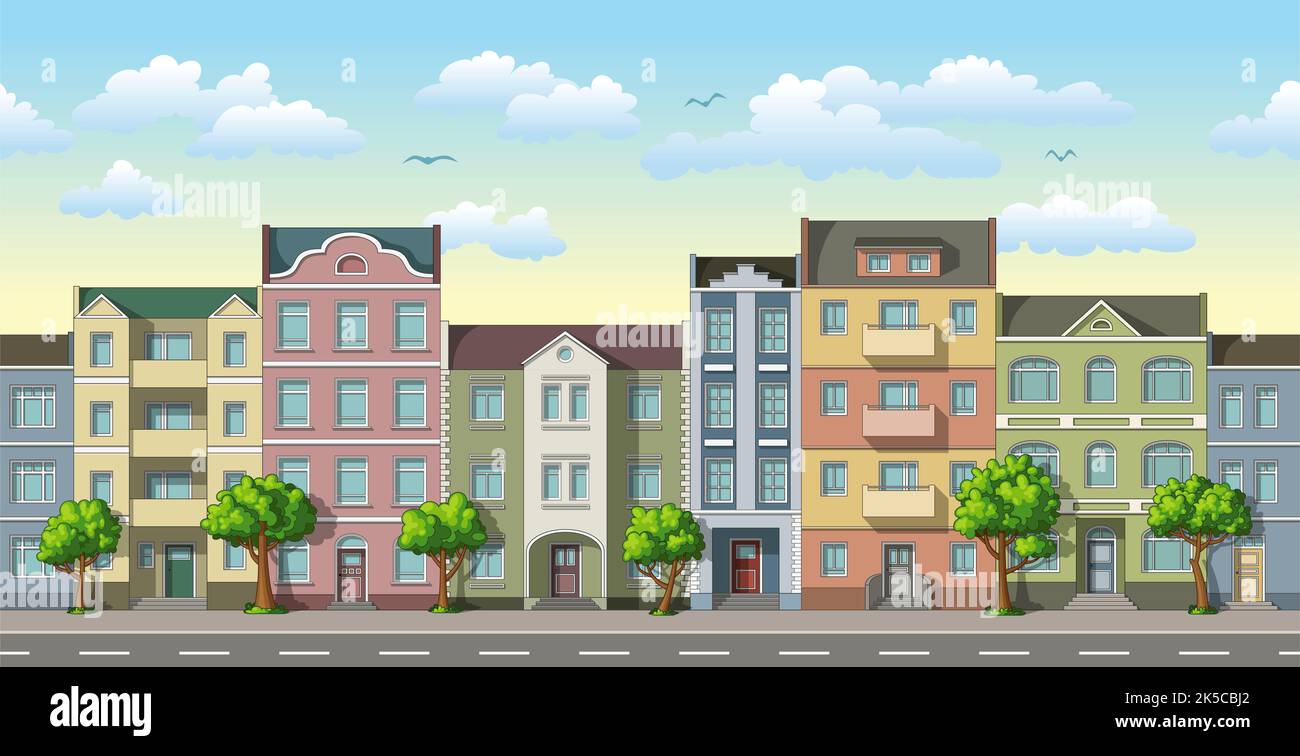 Seamless cityscape cartoon background with trees Stock Photo - Alamy