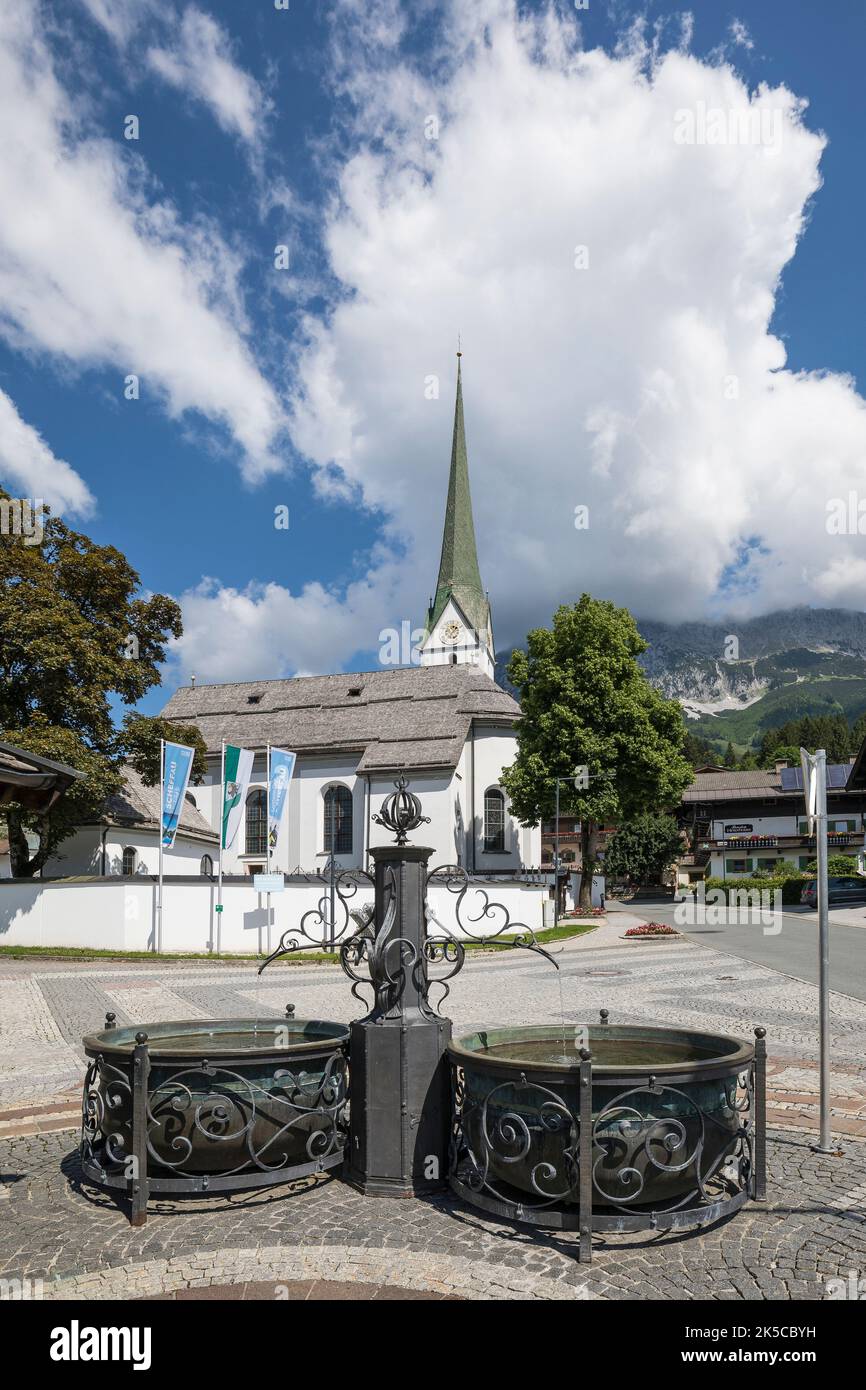 Fountain and parish church, Scheffau am Wilden Kaiser, Kufstein ...