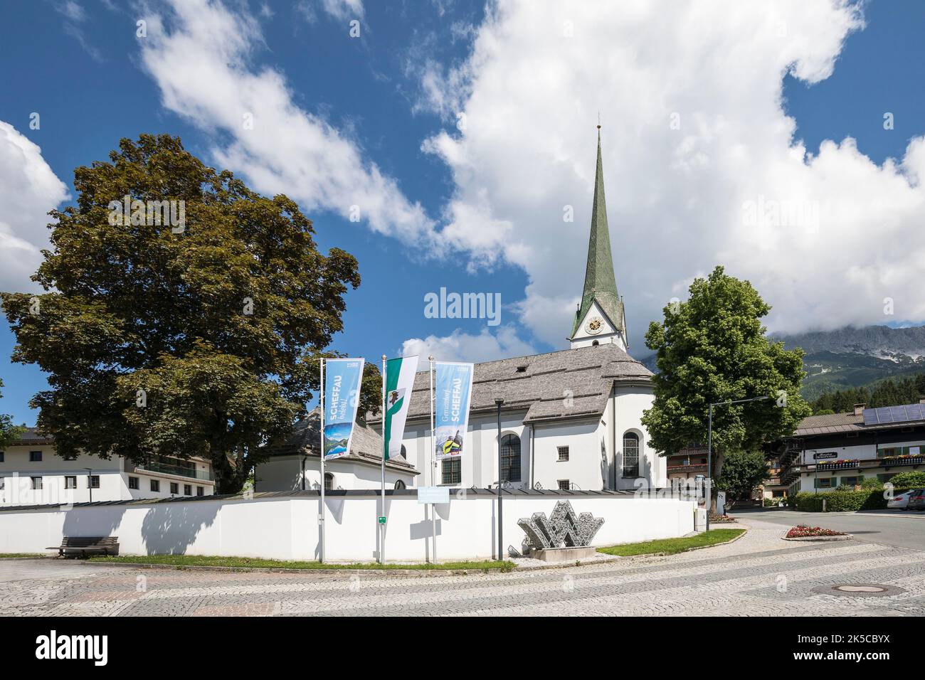 Fountain and parish church, Scheffau am Wilden Kaiser, Kufstein ...