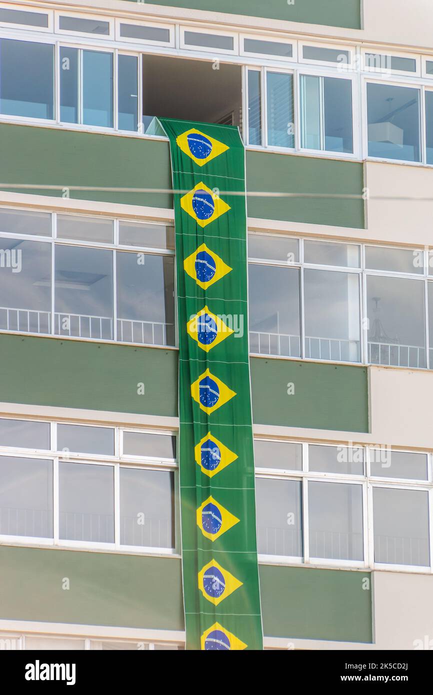 Brazilian flag on the facade of a building in Copacabana in Rio de ...