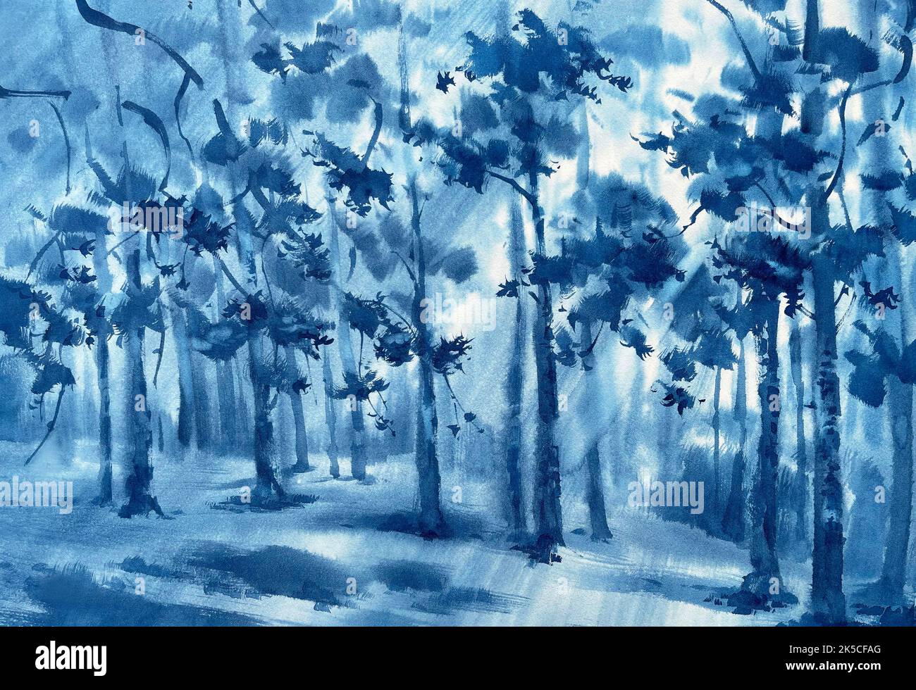 Pine tree forest in the mist watercolor background Stock Photo - Alamy