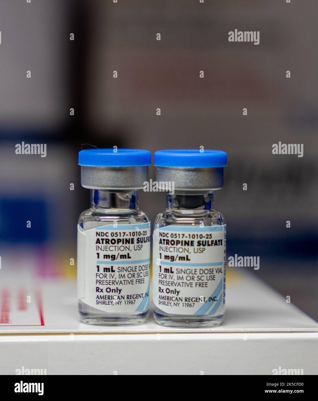 The view of two bottles of Atropine sulfate 1mg over the box Stock ...