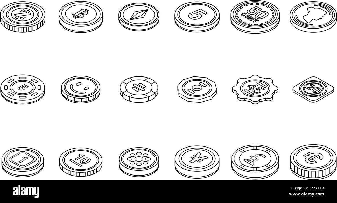 Tokens icons set. Isometric set of tokens vector icons thin line outline on white isolated Stock ...