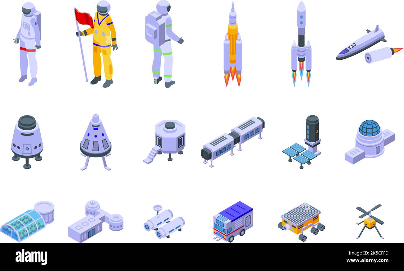 Mars colonization icons set isometric vector. Astronaut space. Cosmos ...