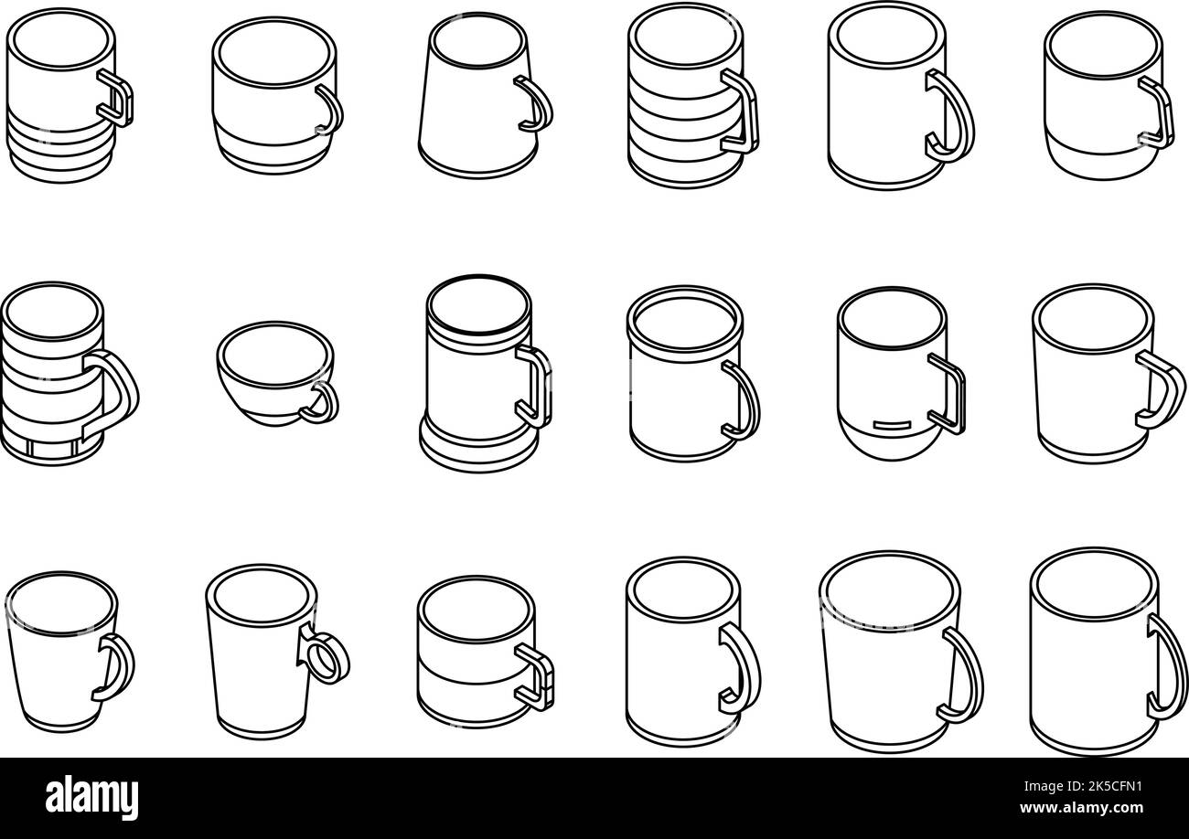Mug icons set. Isometric set of mug vector icons thin line outline on ...