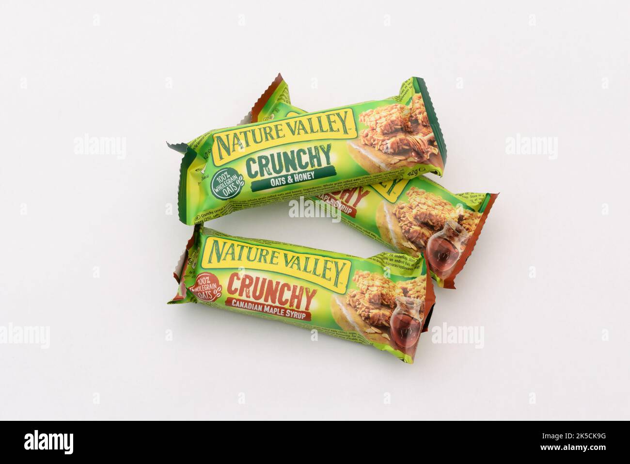Selection of Nature Valley wholegrain crunchy snack bars on a white ...