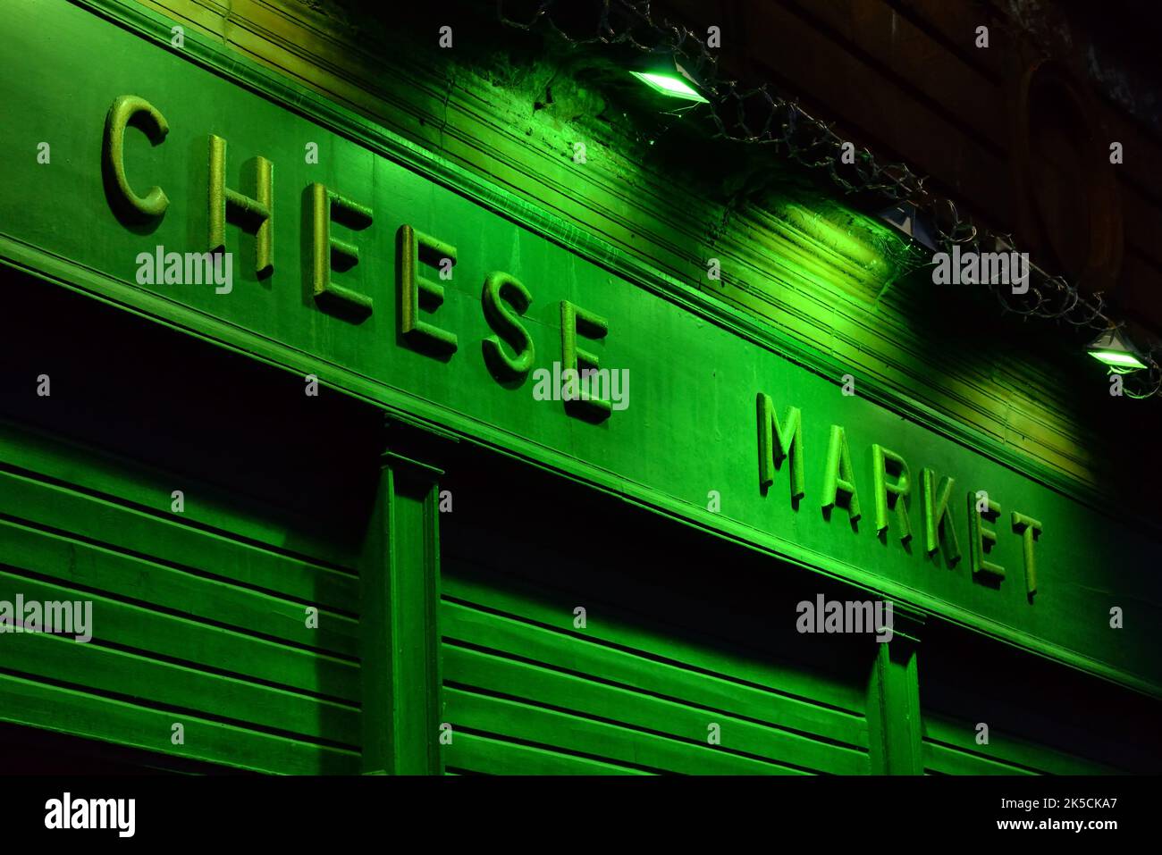The Cheese Market building lit with green lights in the Merchant City ...