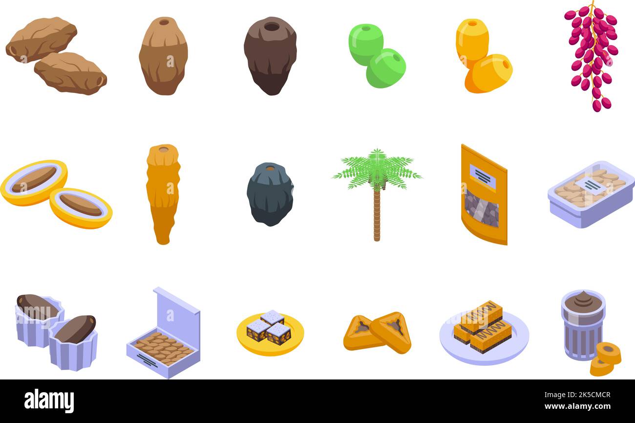Date fruit icons set isometric vector. Food leaf. Dried branch Stock ...