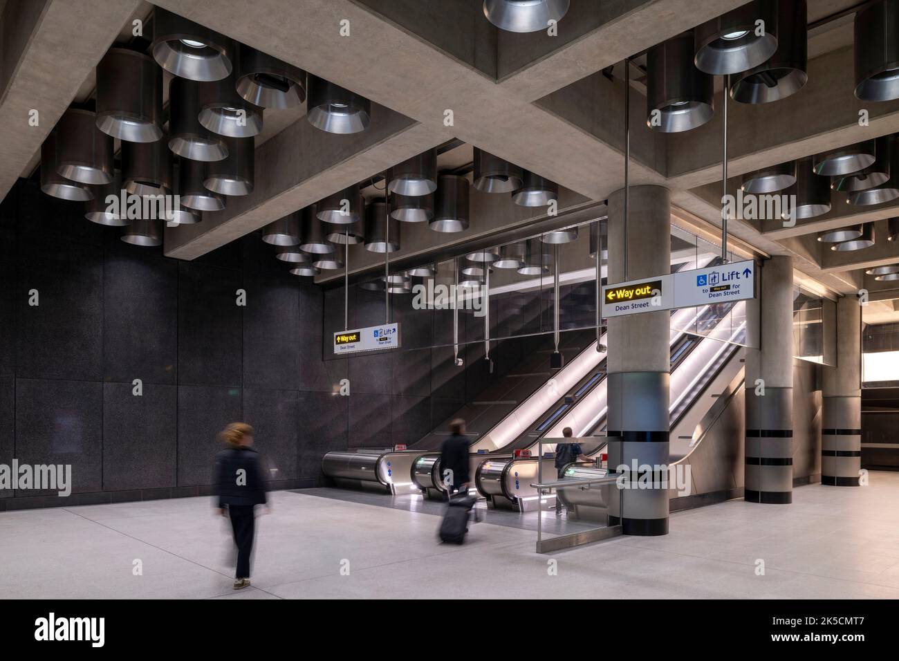 Mid view of circulation and escalator showing lighting drums. Tottenham ...