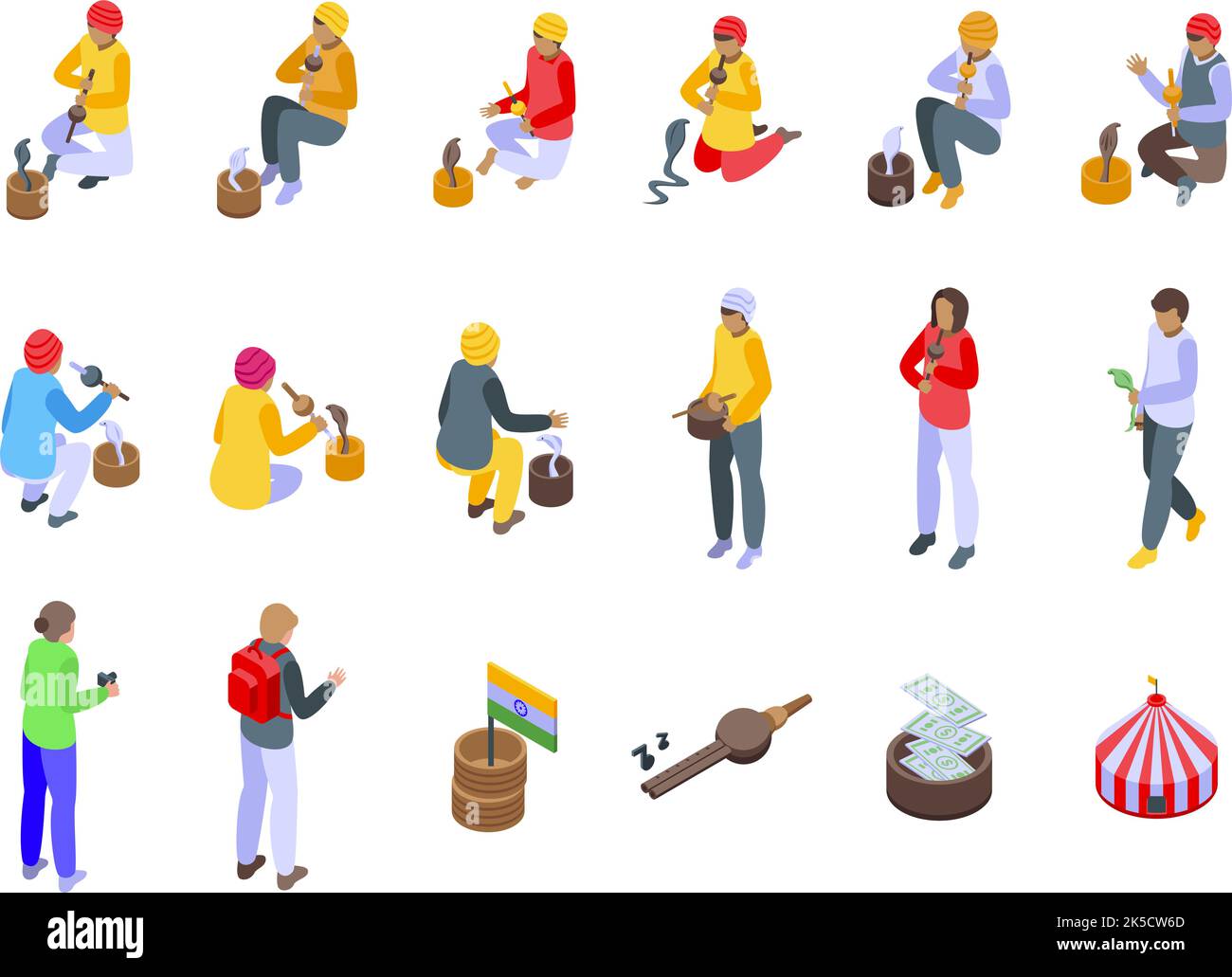 Snake charmer icons set isometric vector. Indian hindu. Sage snake ...