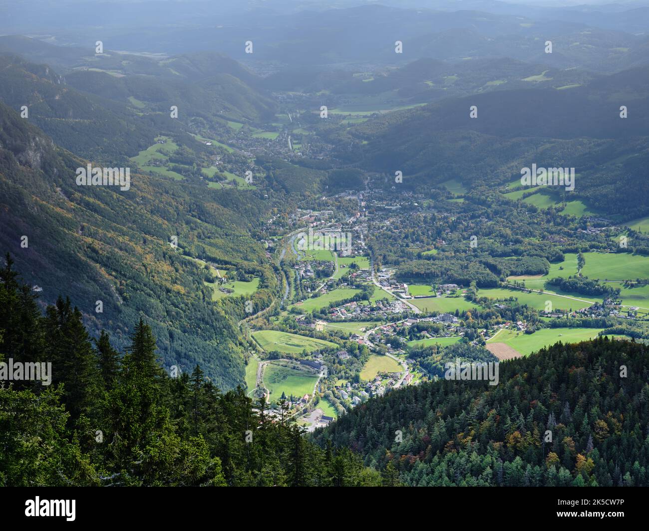 View of the surrounding villages and hills from the Rax mountain range ...