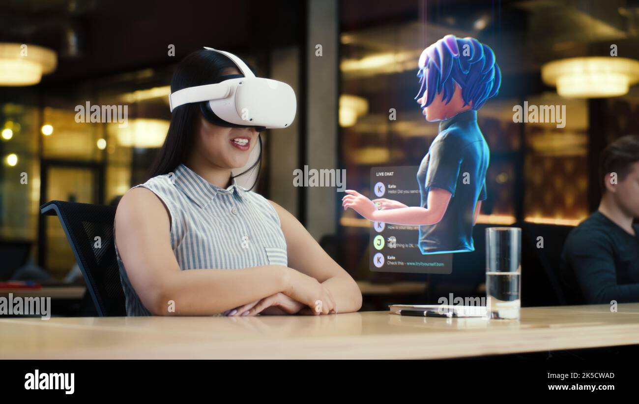 Young asian woman wearing VR headset conversing with a cartoon ...