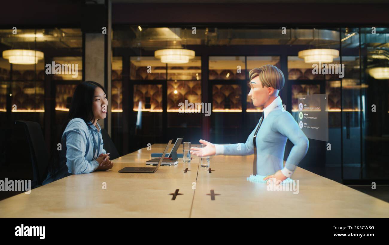 Video call chat conference of an asian woman using hologram technology ...