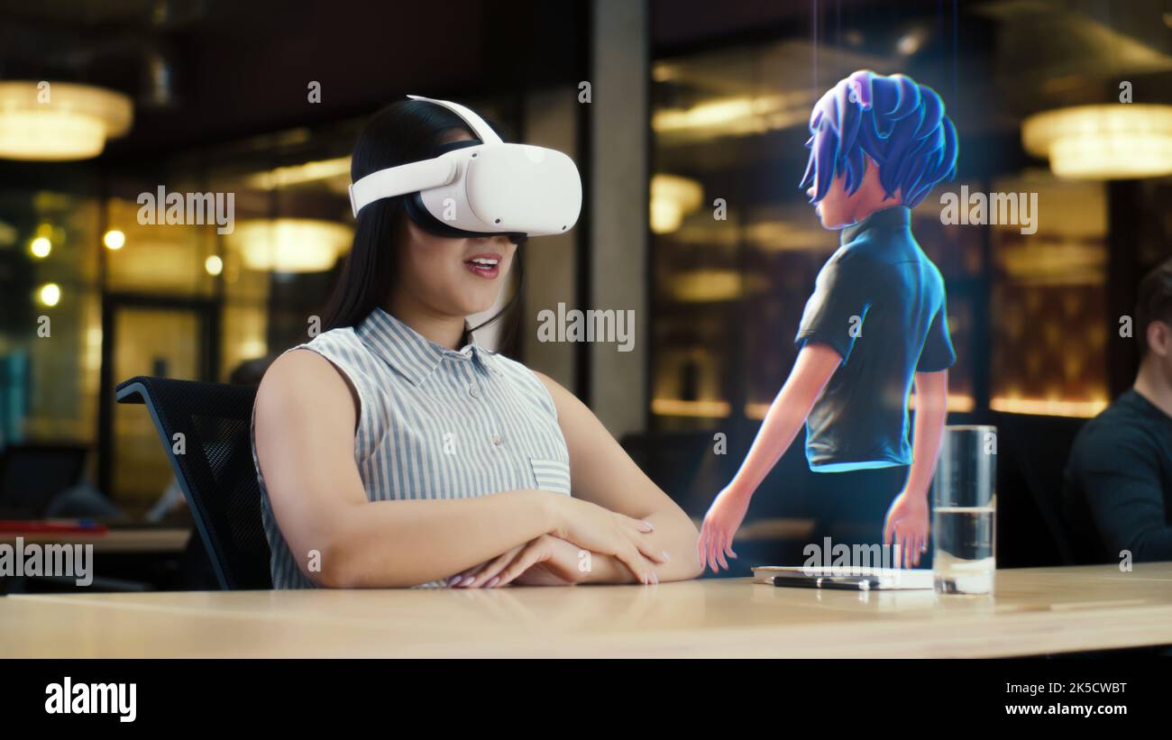 Young asian woman wearing VR headset conversing with a cartoon ...