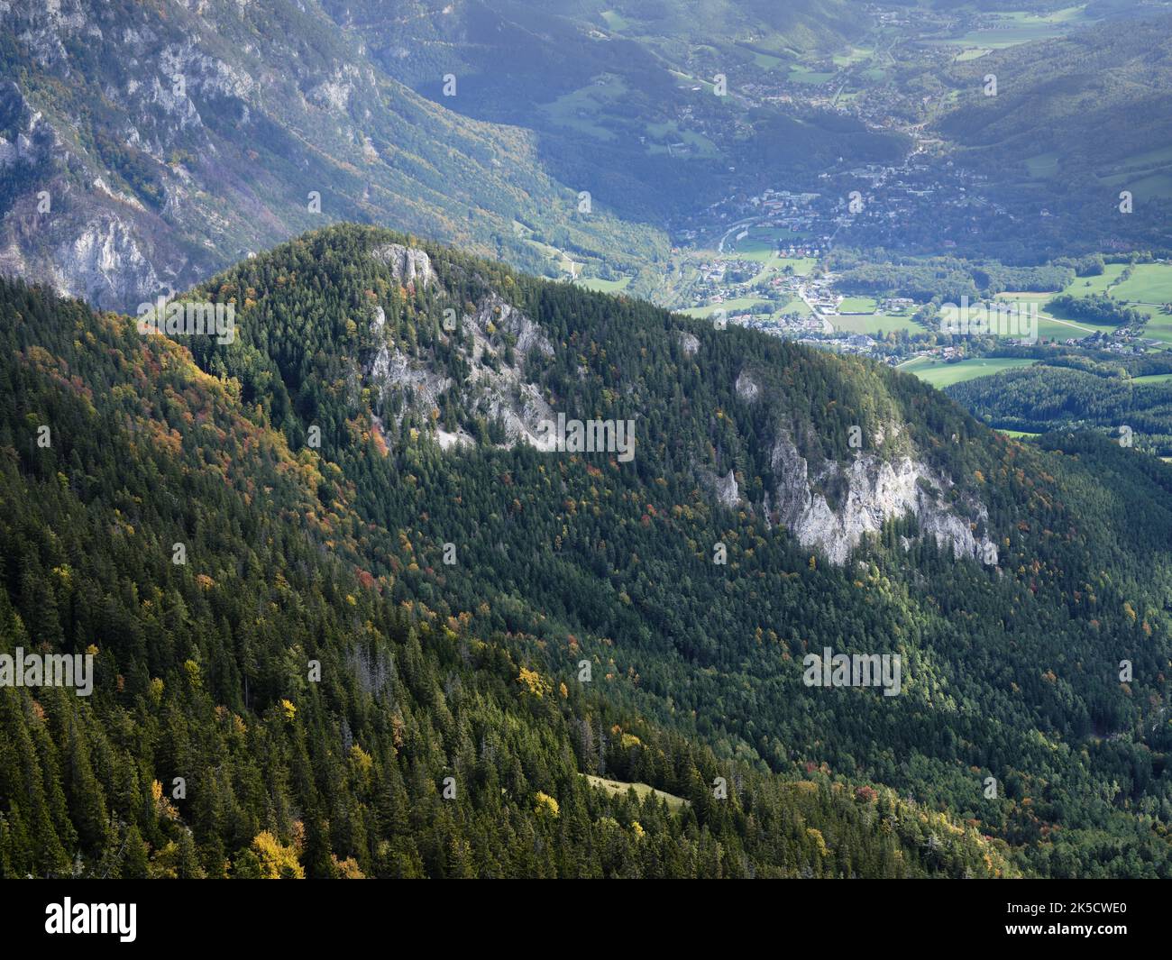 View of the surrounding villages and hills from the Rax mountain range ...