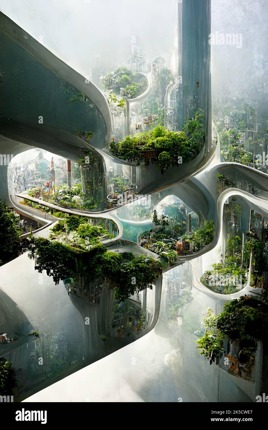 A vertical shot of a futuristic city with tall glass buildings and lots ...