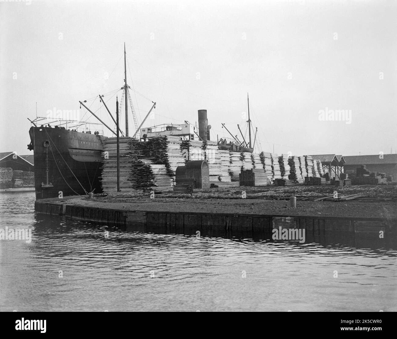 The Merchant Navy on the Home Front, 1914-1918 Workers unloading and stacking timber from a ...