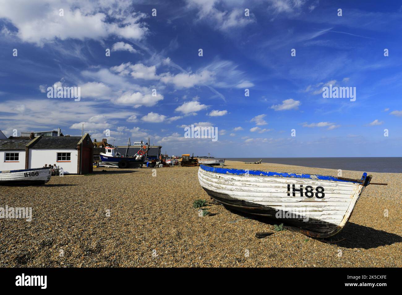 Fishing boat on the beach at, Aldeburgh town, Suffolk, East Anglia ...
