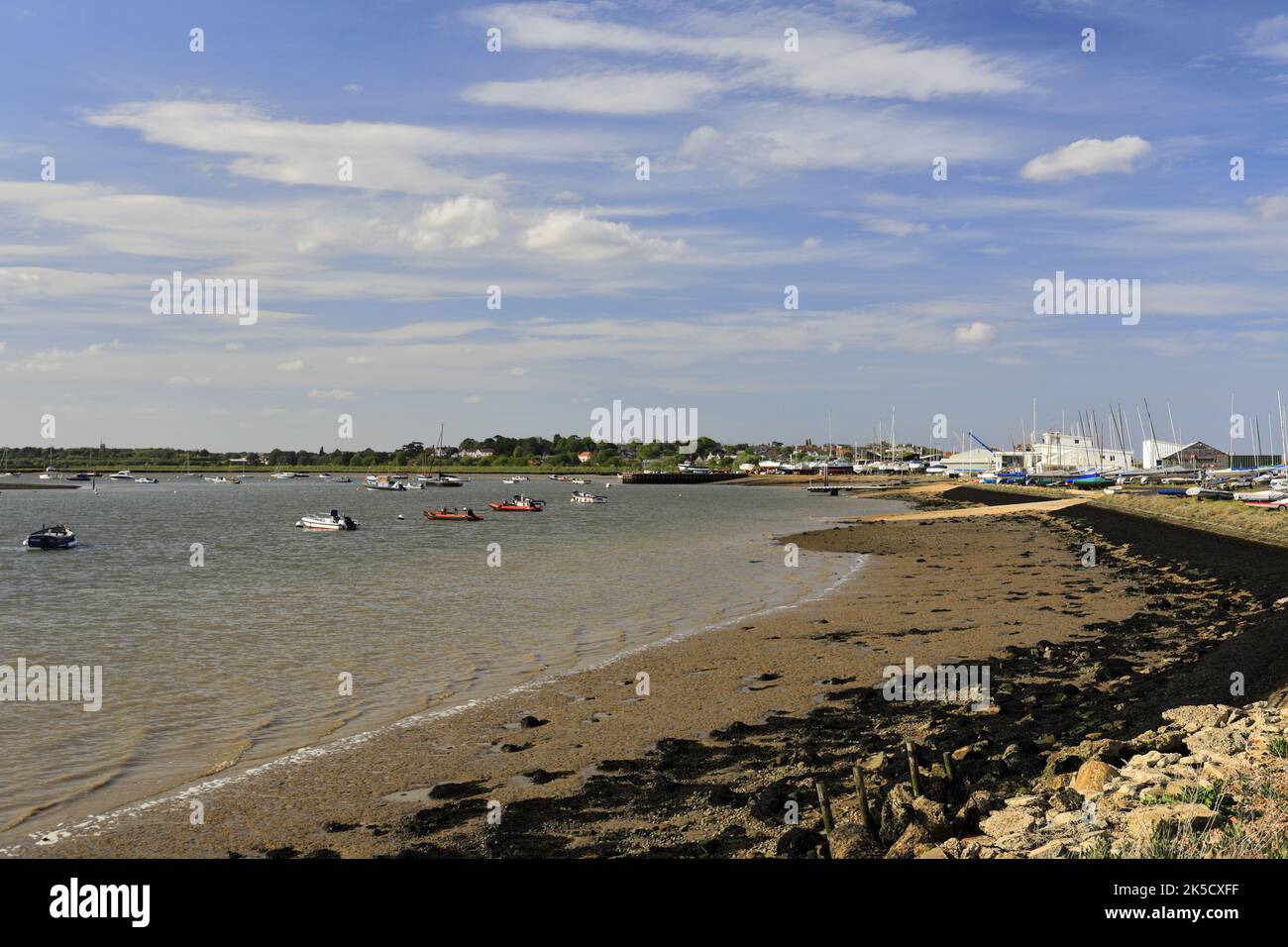 Fishing boats in the estuary at Aldeburgh town, Suffolk, East Anglia ...