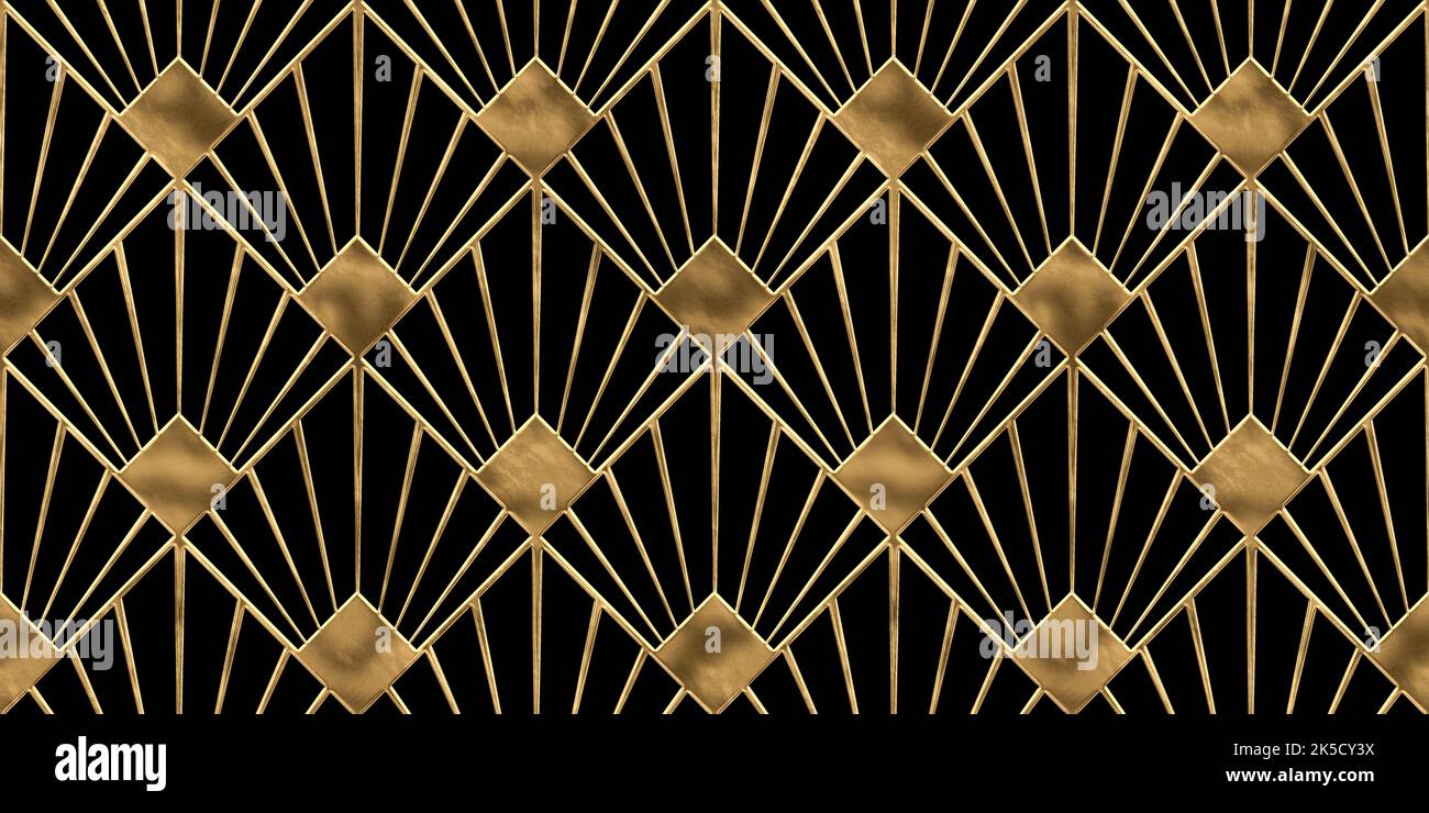 Seamless golden Art Deco diamond palm fan or shell line pattern ...