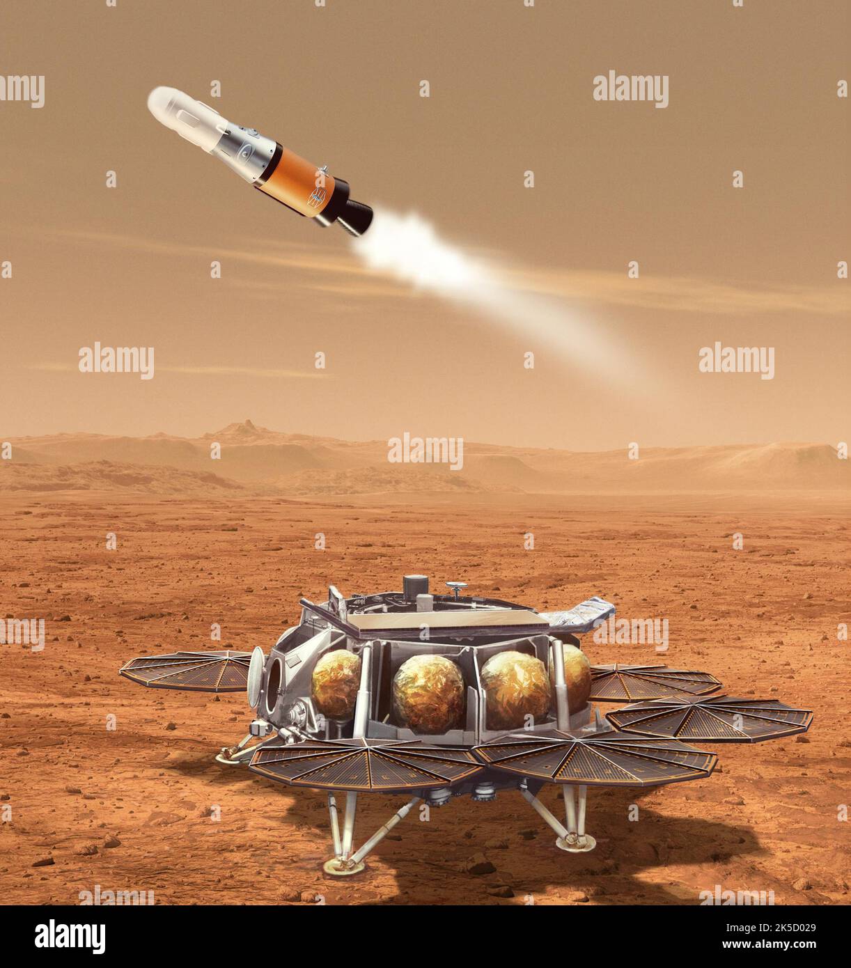 This illustration shows a concept for a proposed NASA Mars lander-and-rocket combination that ...