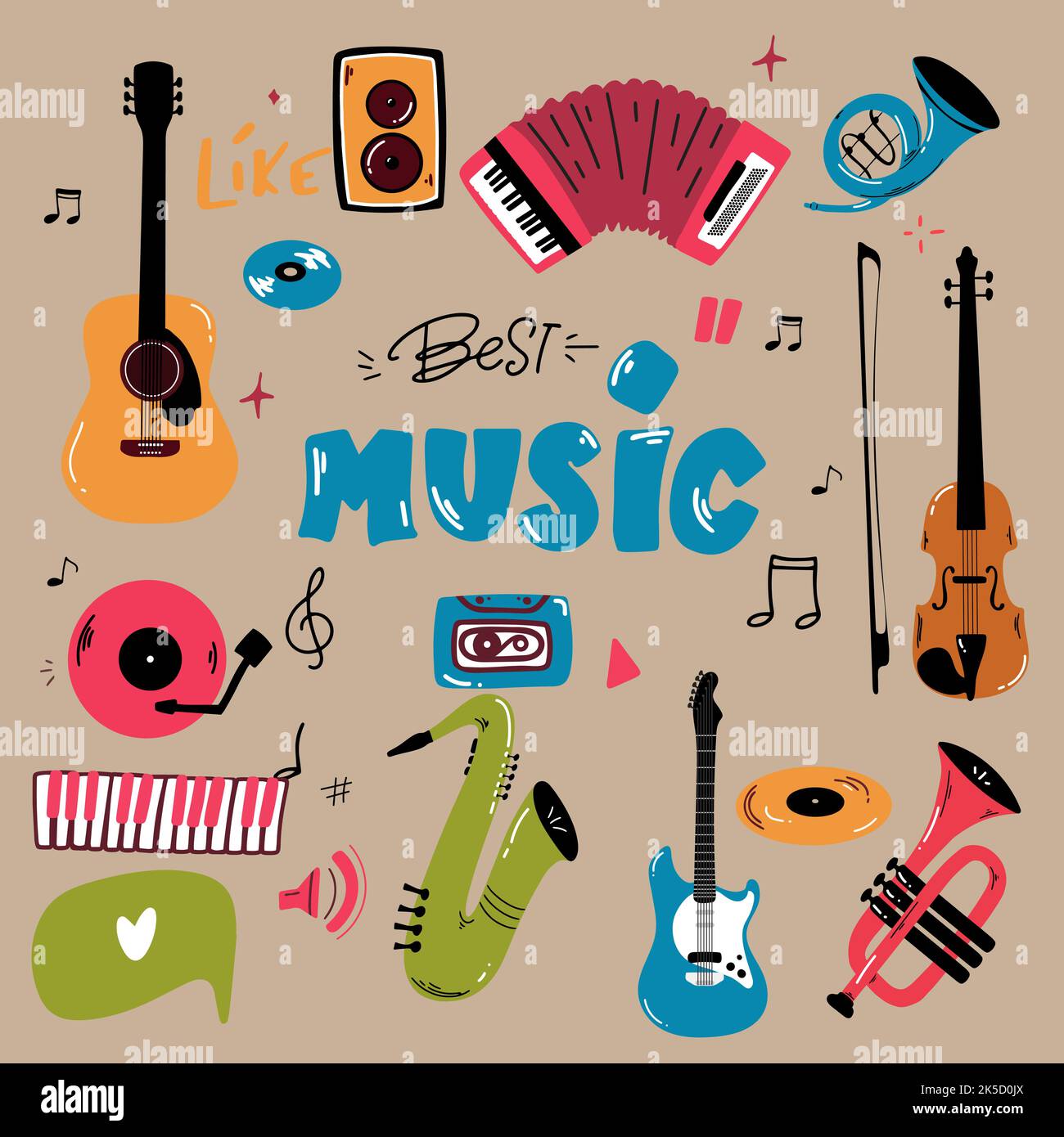 Big collection of cartoon music instruments. Vector illustration Stock ...