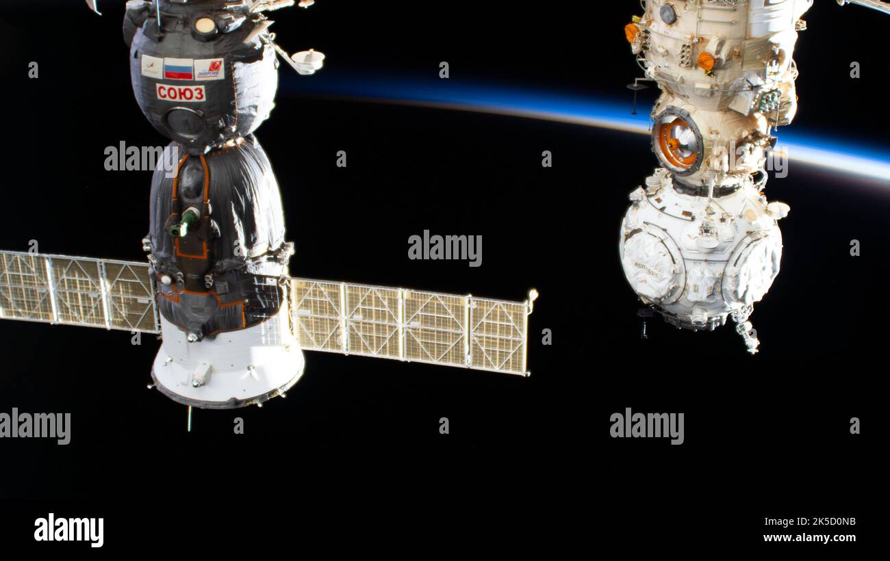 The Soyuz MS-19 crew ship and Prichal docking module attached to the Nauka laboratory module are ...