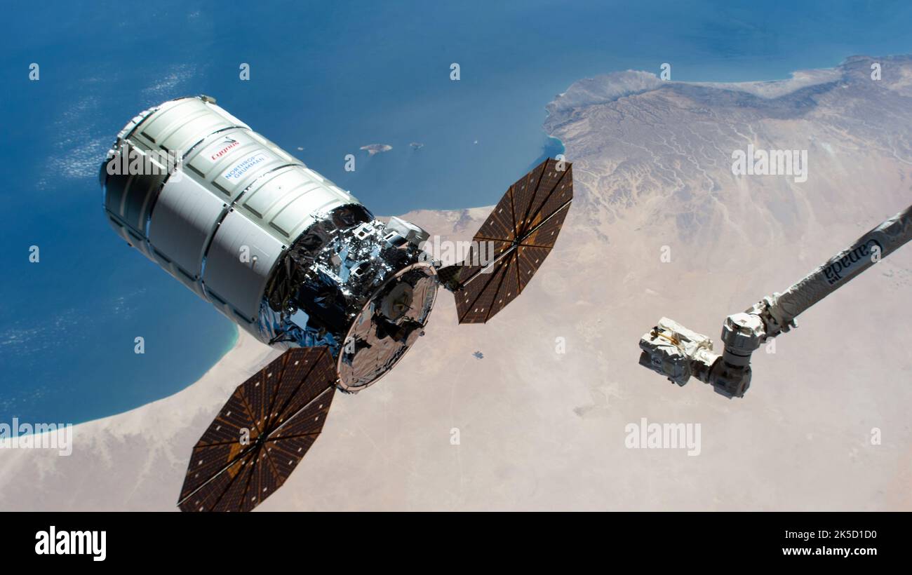 Northrop Grumman's Cygnus space freighter is pictured moments away from ...