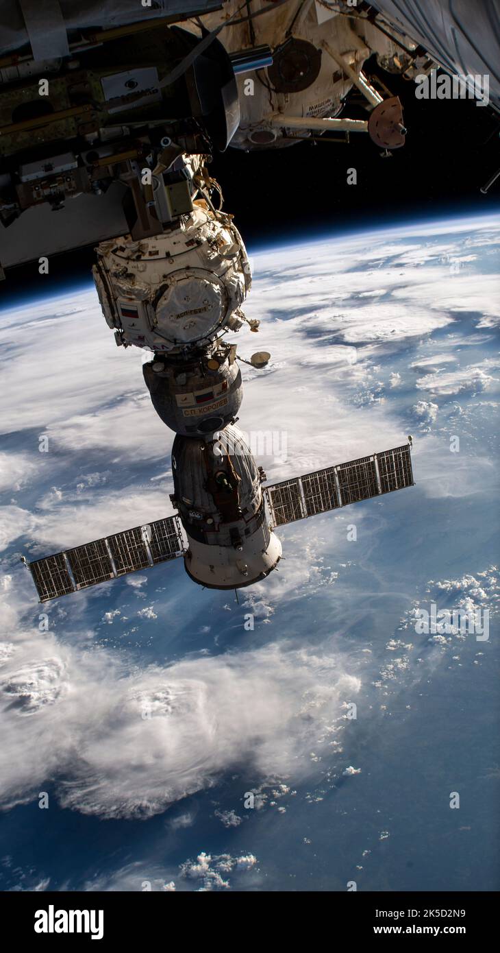 The Soyuz MS-21 crew ship is pictured attached to the Prichal docking ...