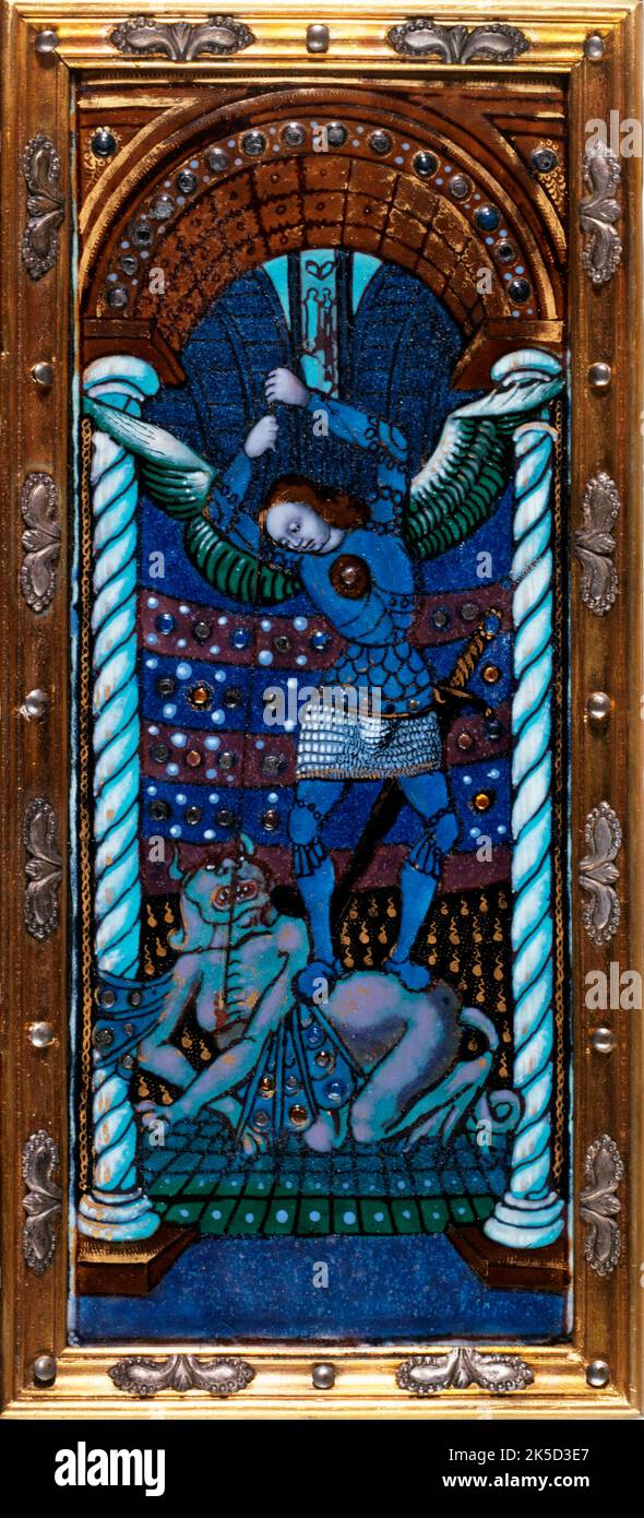 The Nativity with St Michael, c.1500. Triptych. The Nativity flanked by standing saints under ...