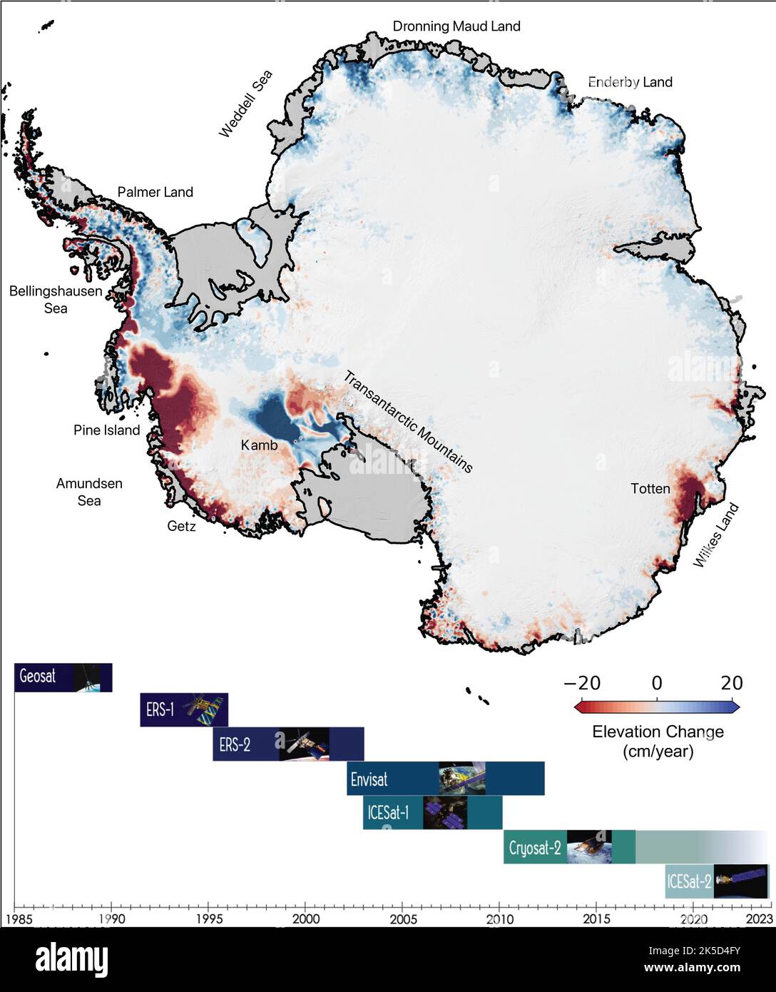 This map of Antarctica shows the changes in the elevation of the ...