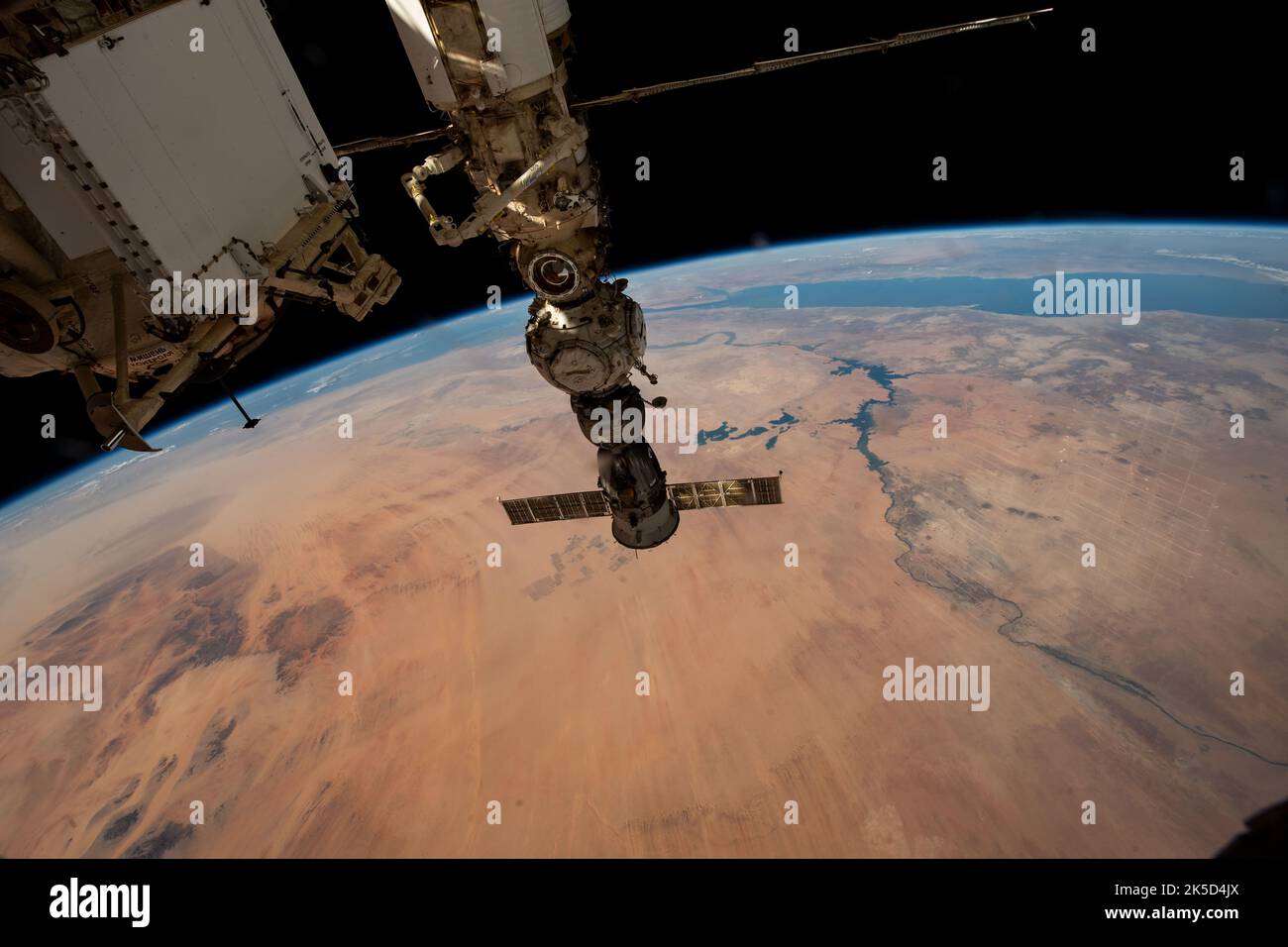 The Soyuz MS-21 crew ship is pictured docked to the International Space ...