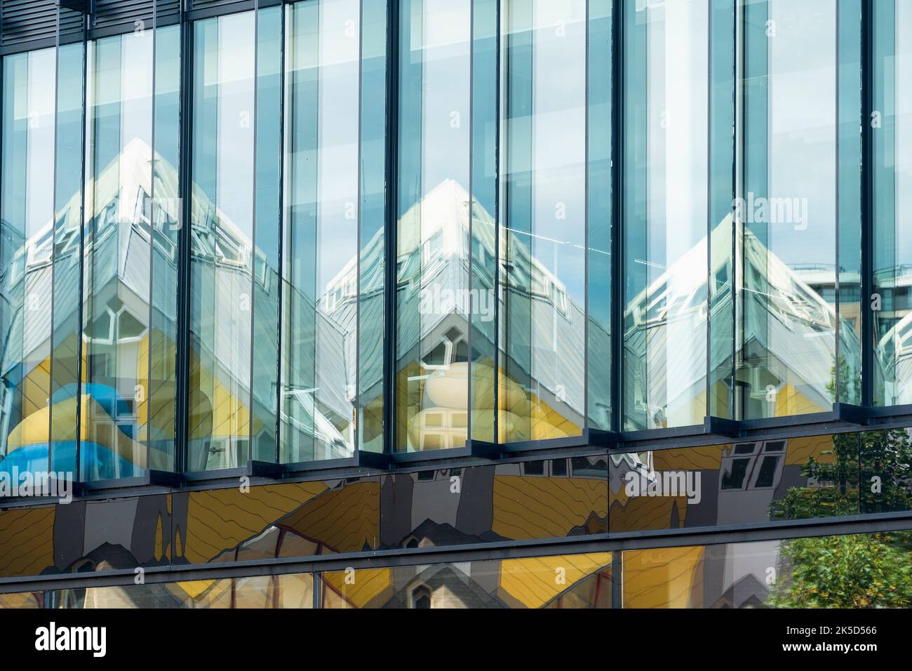 Netherlands, Rotterdam, cube houses, reflection in modern glass facade ...