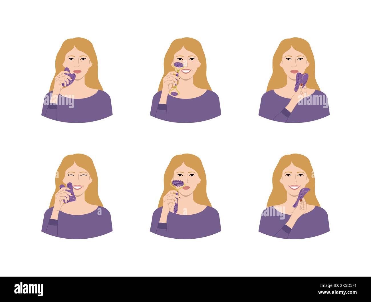 Set of portraits of white woman with purple amethyst gua sha scraper ...