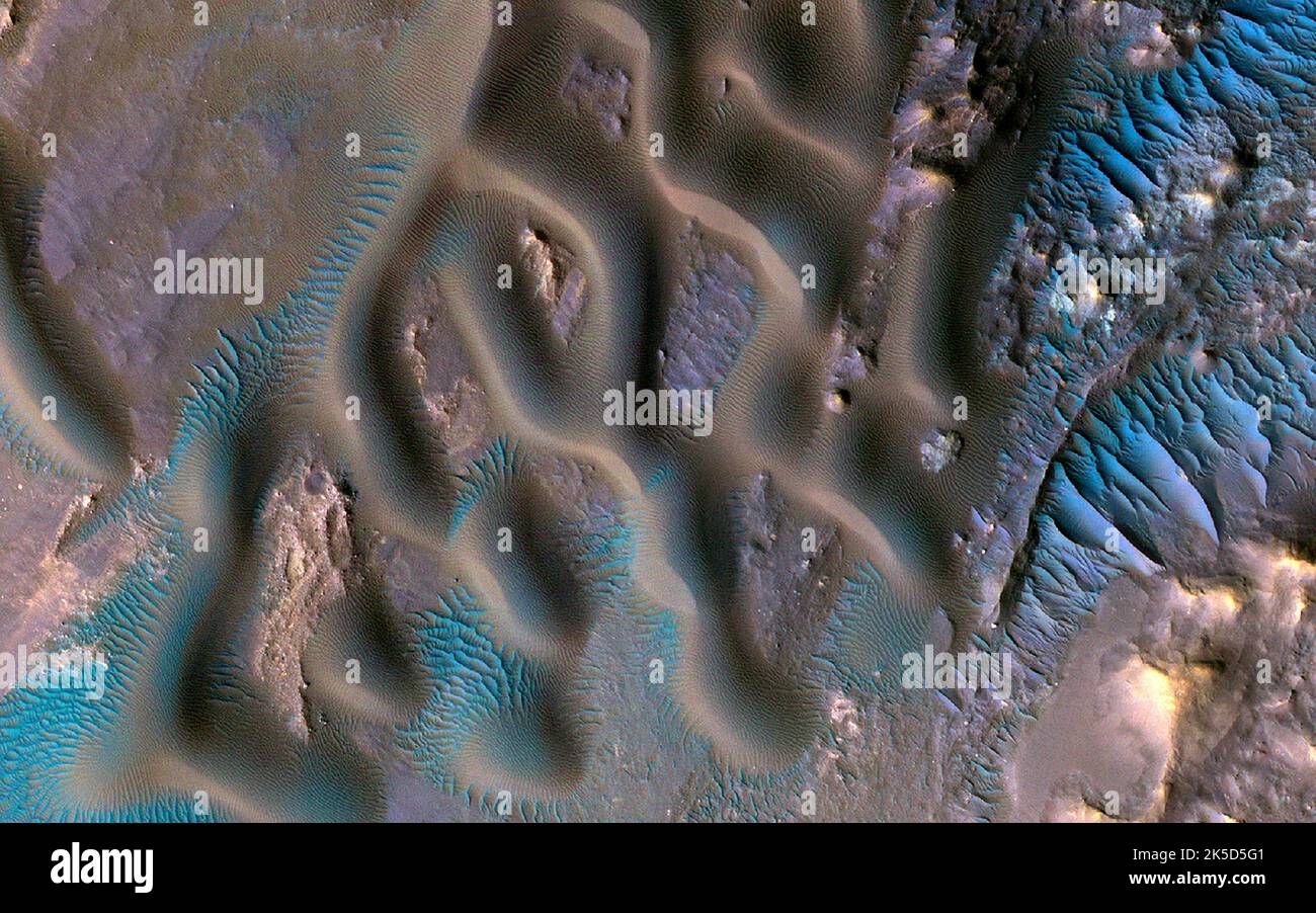 The image shows Gamboa Crater on Mars with wind-shaped features ...